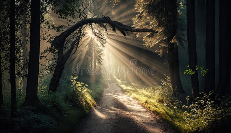Sunlight and Forest in the Afternoon. Lonely Path through the ...