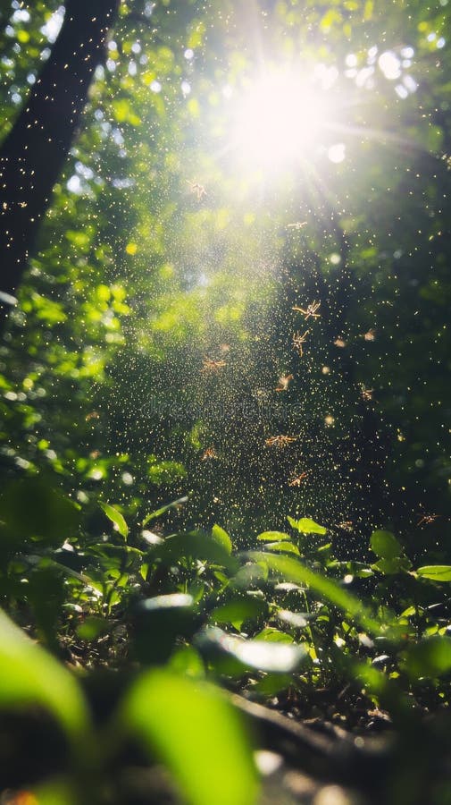 Sunlight through Forest with Flying Insects, Serene Nature Scene Stock ...