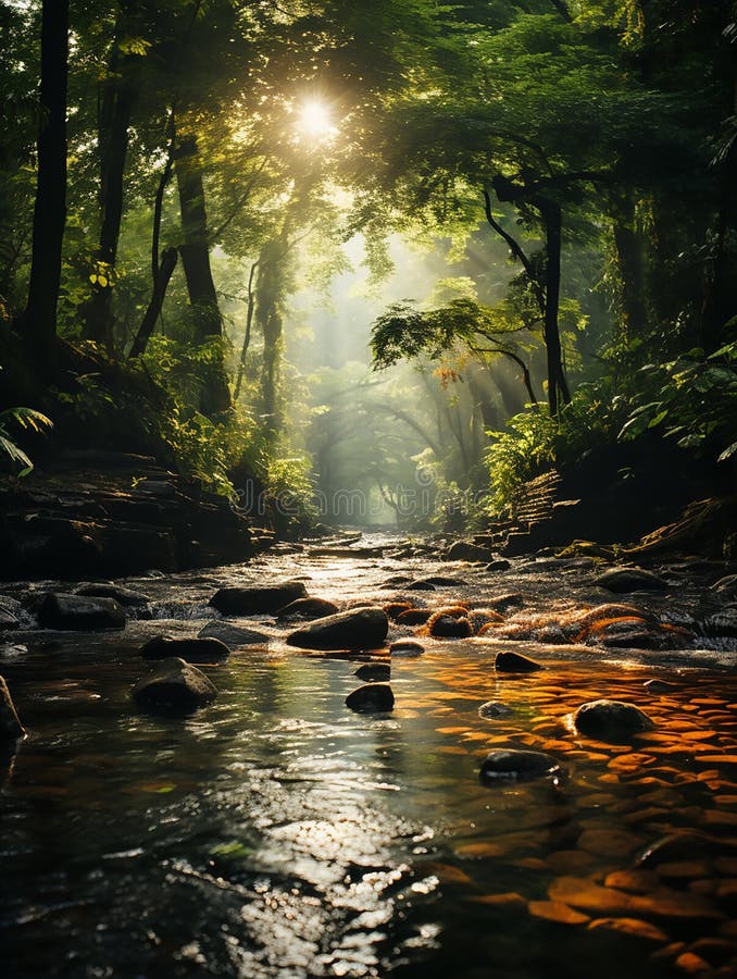 Sunlight forest stock illustration. Illustration of stream - 299225237