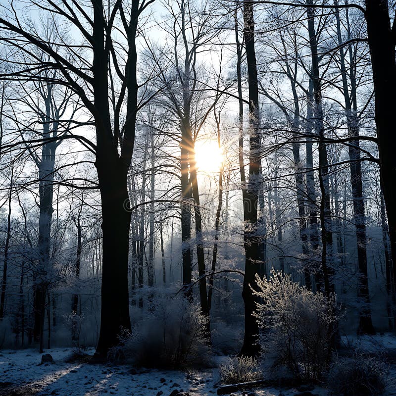 Sunlight through Frosty Forest Trees Stock Illustration - Illustration ...