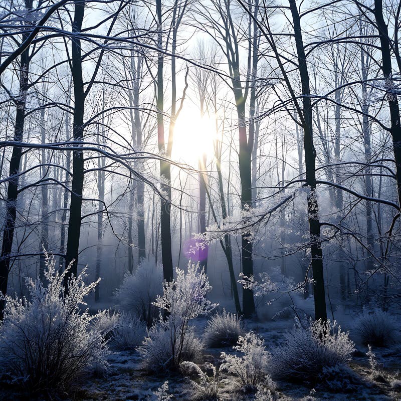 Sunlight through Frosty Forest Trees Stock Illustration - Illustration ...