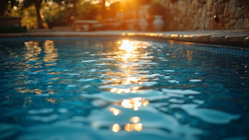 Sunlight Reflects on Calm Pool Water during Evening Hours in a Serene ...