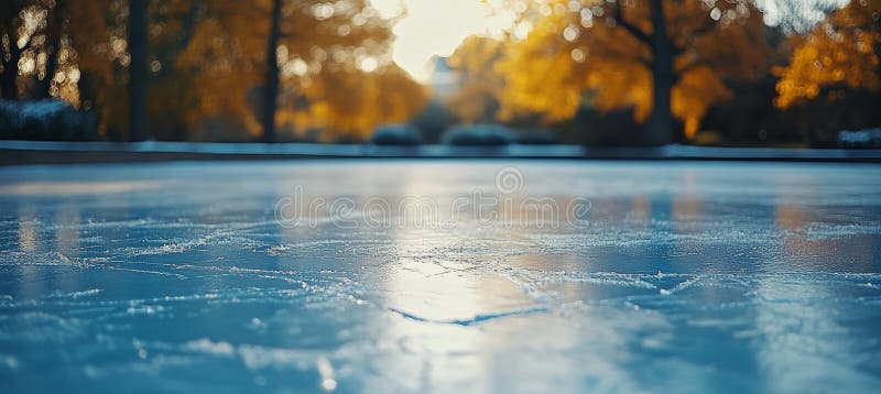 Sunlight Glistens on a Smooth Ice Rink Surrounded by Autumn Trees ...