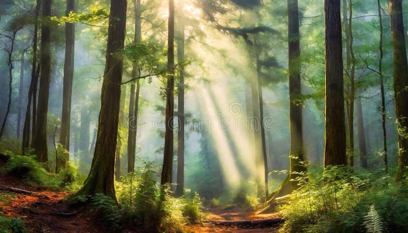 Sunlight in the Green Forest with Sun Rays Shining through the Trees ...
