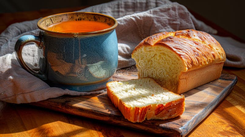 Sunlight Highlights Tea Cup and Buttered Bread on Rustic Wooden Table ...