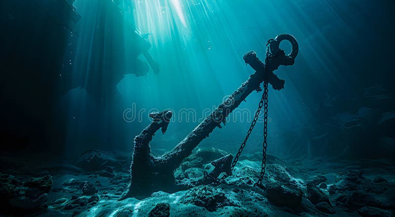Sunlight Illuminates an Anchor on the Ocean Floor of the Deep Sea Stock ...