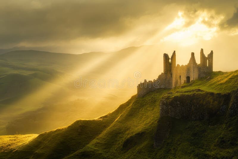 Sunlight Illuminates Ancient Ruins Atop Hill Dramatic Sunset Stock ...