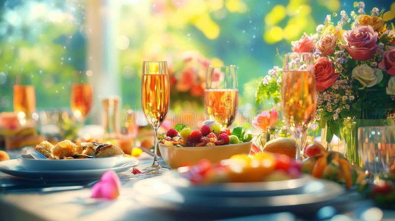 Elegant Summer Brunch Table Setting with Flowers and Champagne Food ...
