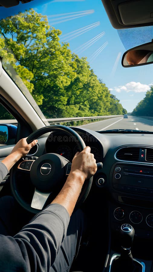 Sunlight Illuminates Car Dashboard and Driver on Tree Lined Highway ...