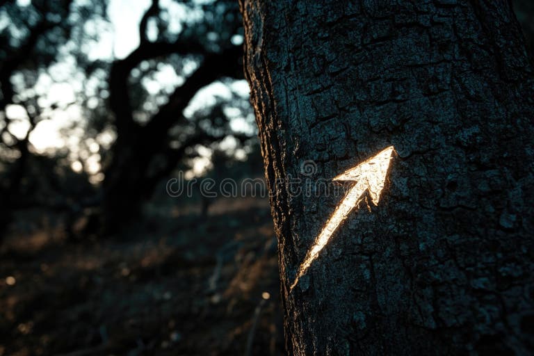 Sunlight Illuminates Carved Arrow on Tree Trunk in Forest Setting Stock ...