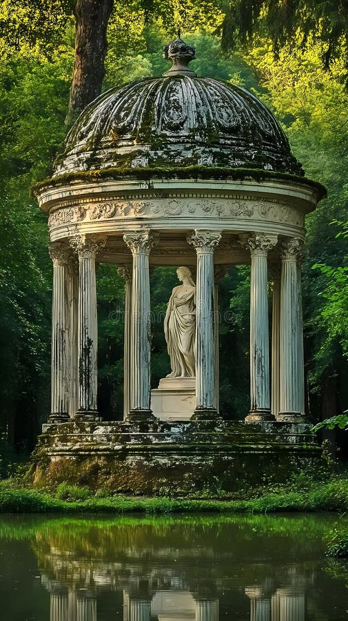 Ancient Temple Reflecting on Calm Water in a Lush Green Forest Stock ...