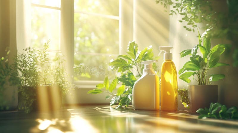 Sunlight Illuminates Cleaning Products Amidst Lush Greenery Stock ...