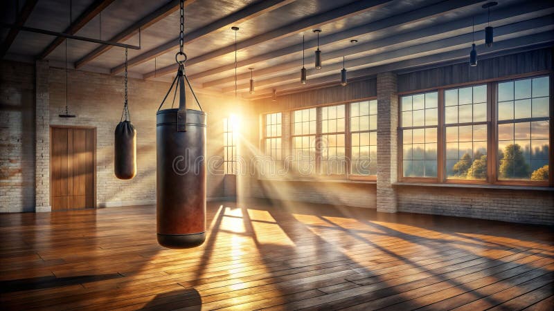 Sunlight Illuminates Empty Boxing Gym Suspended Punching Bag and Open ...