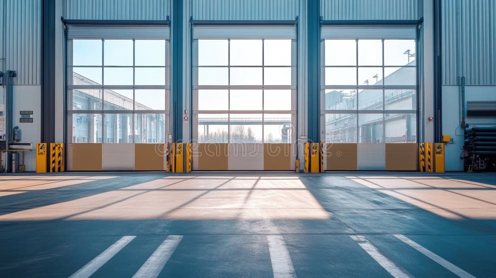 Empty Warehouse Interior with Loading Docks and Sunlight Shining ...