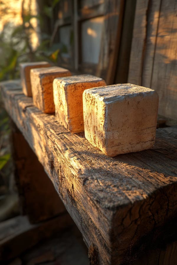 Sunlight Illuminates Four Small, Terracotta-colored Cubes Arranged on a ...