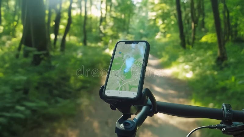 Cyclist Navigating Forest Trail Using Smartphone Gps in Slow Motion ...