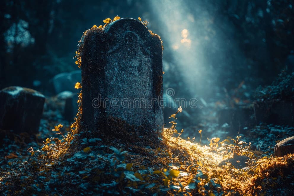 Sunlight Illuminates an Old Tombstone in a Mystical Forest Setting ...