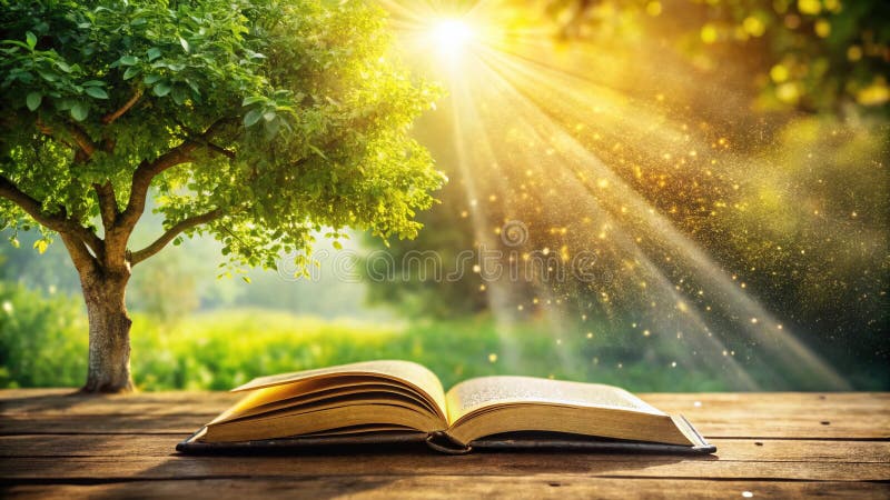 Sunlight Illuminates an Open Book beside a Lush Green Tree a Visual ...