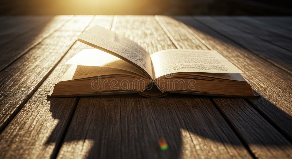 Sunlight Illuminates Open Book on Wooden Table Open Book Sunlight ...
