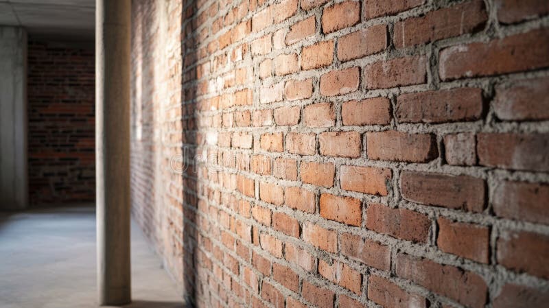 Sunlight Illuminates a Partially Built Brick Wall Next To a Concrete ...