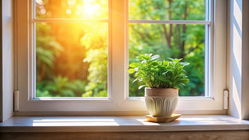 Sunlight Illuminates a Potted Plant on a Windowsill. Generative AI ...