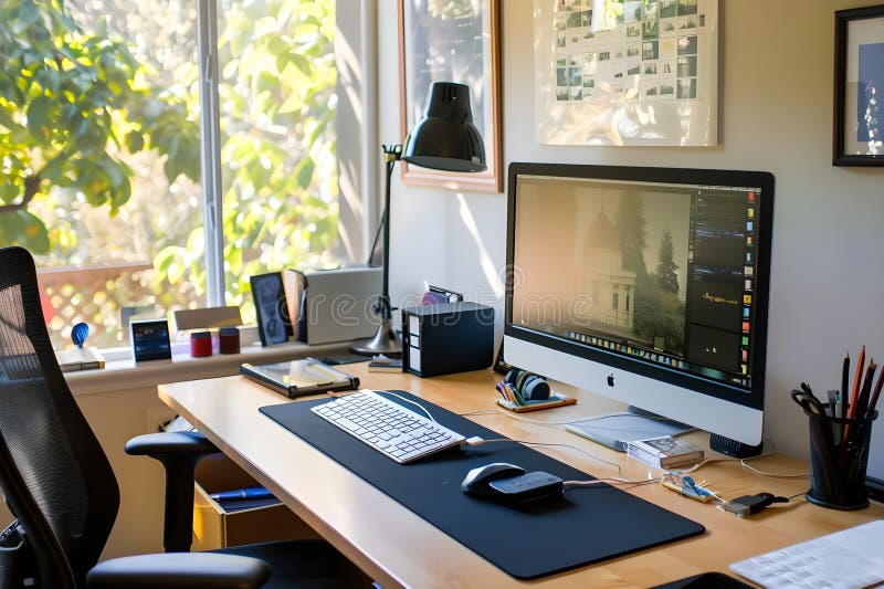 Sunlight Illuminates a Productive Workspace Featuring a Modern Desk ...