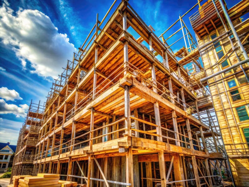Sunlight Illuminates Raw Timber Scaffolding Surrounding a Skeletal ...