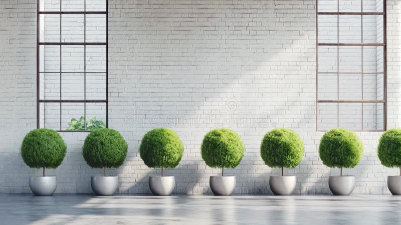 Sunlight Illuminates a Row of Spherical Topiary Plants in Modern ...