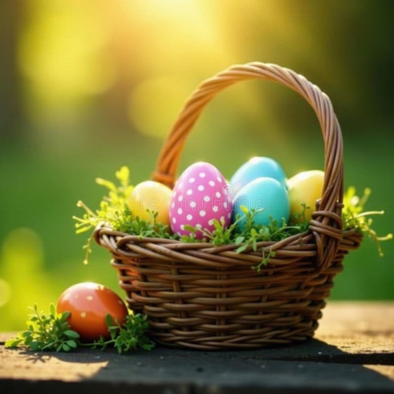 Sunlight Illuminates a Rustic Basket Brimming with Painted Easter Eggs ...