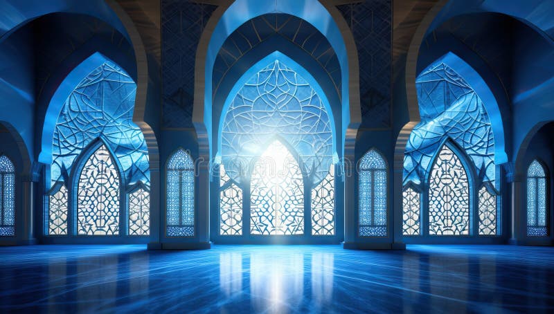 Sunlight Illuminates a Serene Blue Mosque Interior through Intricate ...
