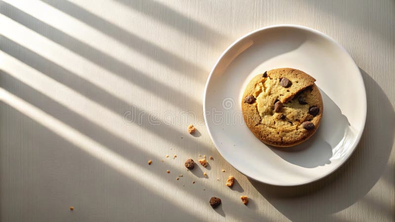 Sunlight Illuminates a Single Chocolate Chip Cookie on a Plate ...