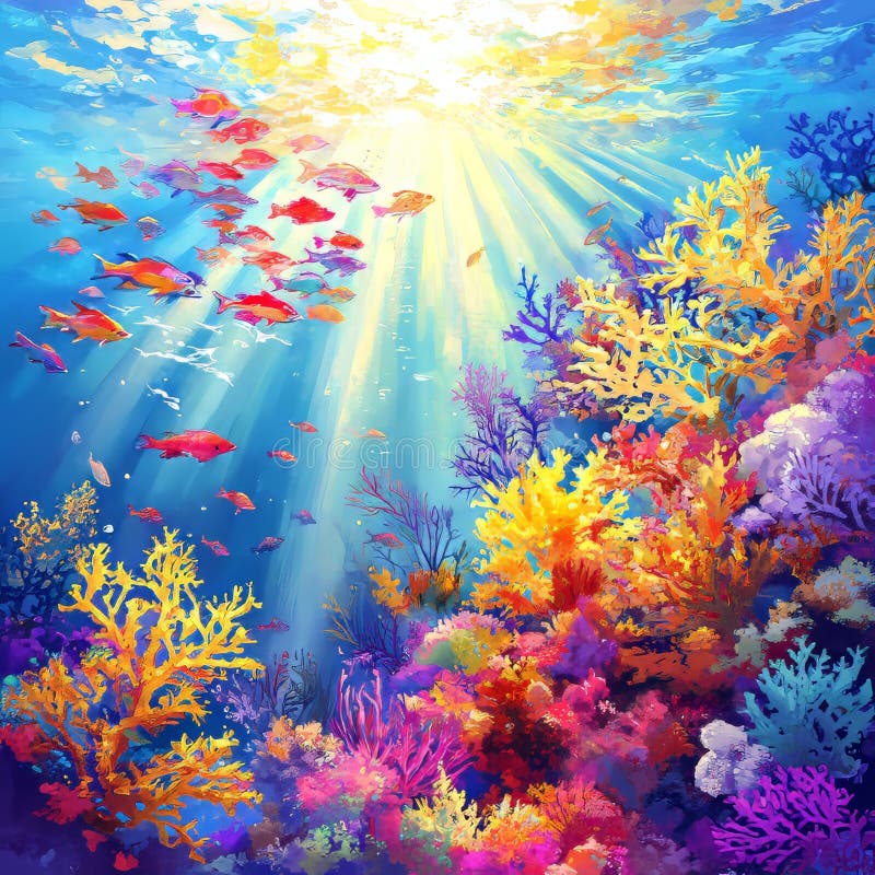 Sunlight Illuminates a Vibrant Underwater Coral Reef Scene Stock Photo ...