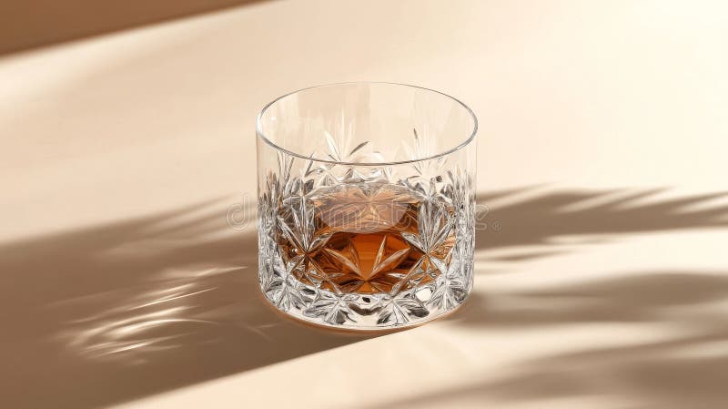 Sunlight Illuminates a Whiskey Rocks Glass Placed on a Beige Background ...