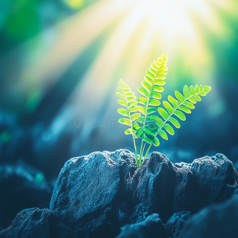 Sunlight Illuminates a Young Fern Sprout Emerging from a Dark Log Stock ...