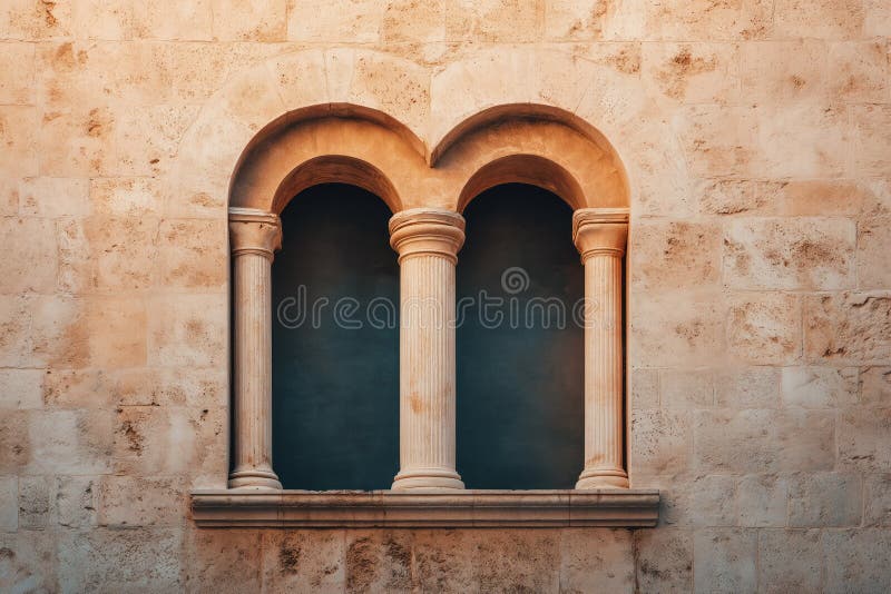 Three Columns Supporting Arches in Ancient Stone Wall Stock Image ...