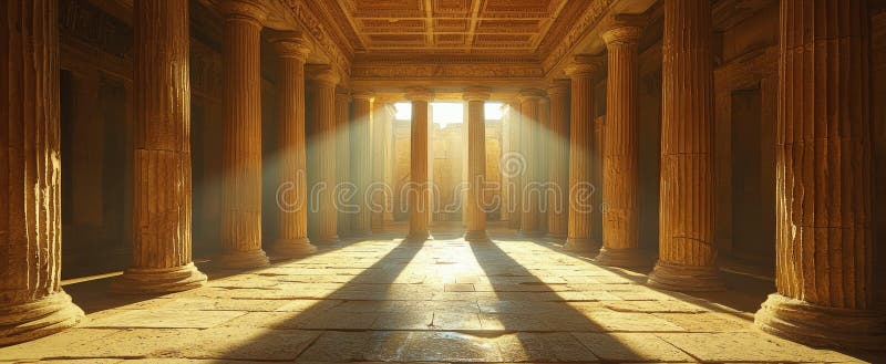 Sunlight Illuminating Ancient Temple Interior with Majestic Columns ...