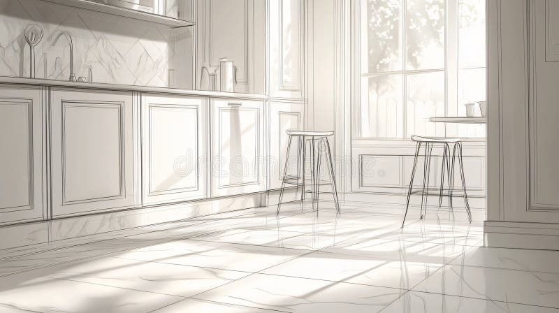 Classic White Marble Kitchen Design Drawing with Sunlight Stock ...