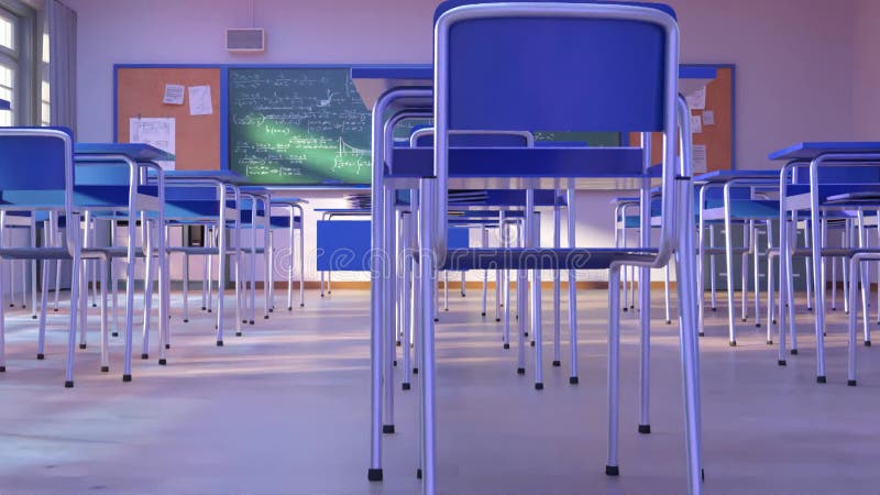 Empty Classroom with Blue Chairs and Desks Stock Video - Video of desk ...