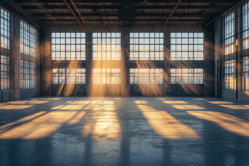Sunlight Illuminating Empty Industrial Warehouse through Large Windows ...