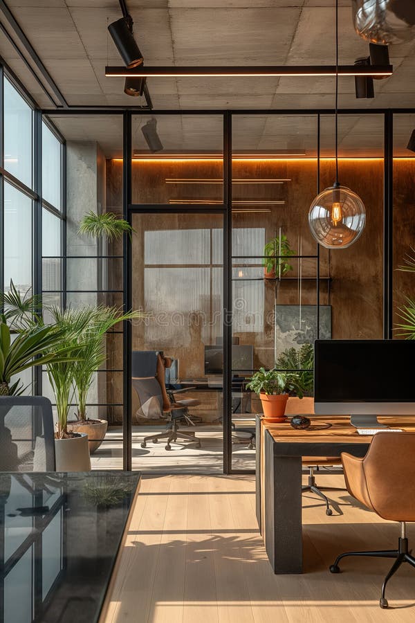 Modern Sunny Open Space Office Interior with Big Windows and Green ...