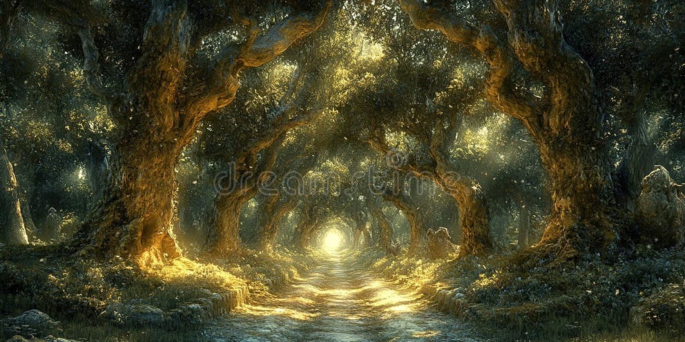 Sunlight Illuminating a Mystical Forest Pathway Surrounded by Ancient ...