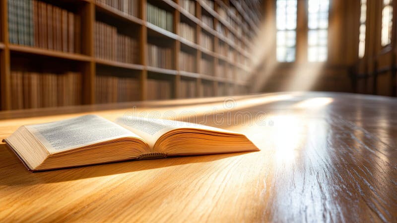 Sunlight Illuminating an Open Book in a Tranquil Library Filled with ...