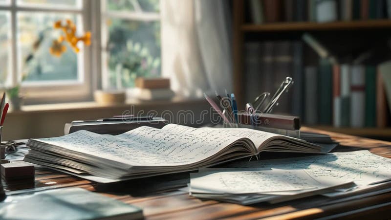 Open Notebook with Handwritten Notes Lying on Wooden Desk in Writer S ...