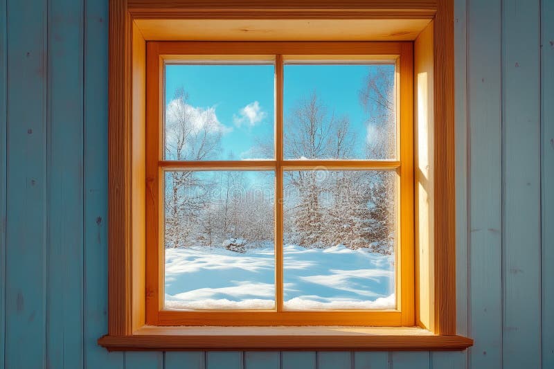 Sunlight Illuminating Snowy Winter Landscape View Wooden Window Frame ...