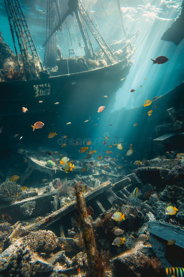 Sunlight Illuminating Underwater Shipwreck with Colorful Tropical Fish ...
