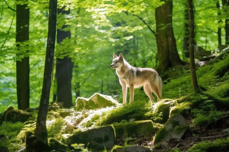 Sunlight Illuminating a Wolf in the Green Forest Stock Photo - Image of ...