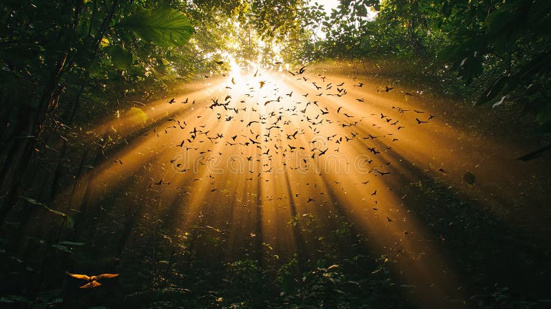 Sunlight through Jungle Canopy, Bats Flying Stock Illustration ...