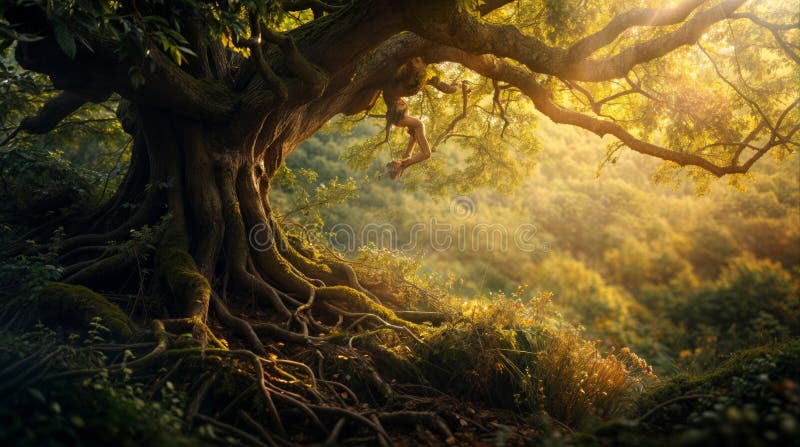 Sunlight on Large Tree with Roots in a Forest Stock Illustration ...