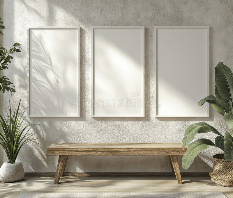 Sunlight on Minimalist Interior Blank White Frames Above Rustic Wooden ...