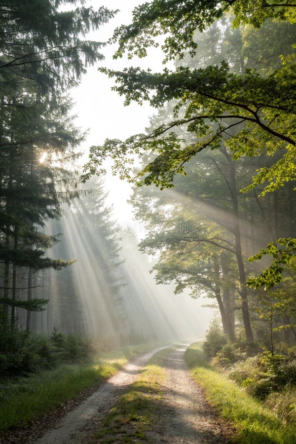 Sunlight Mist Forest Glade stock illustration. Illustration of fresh ...